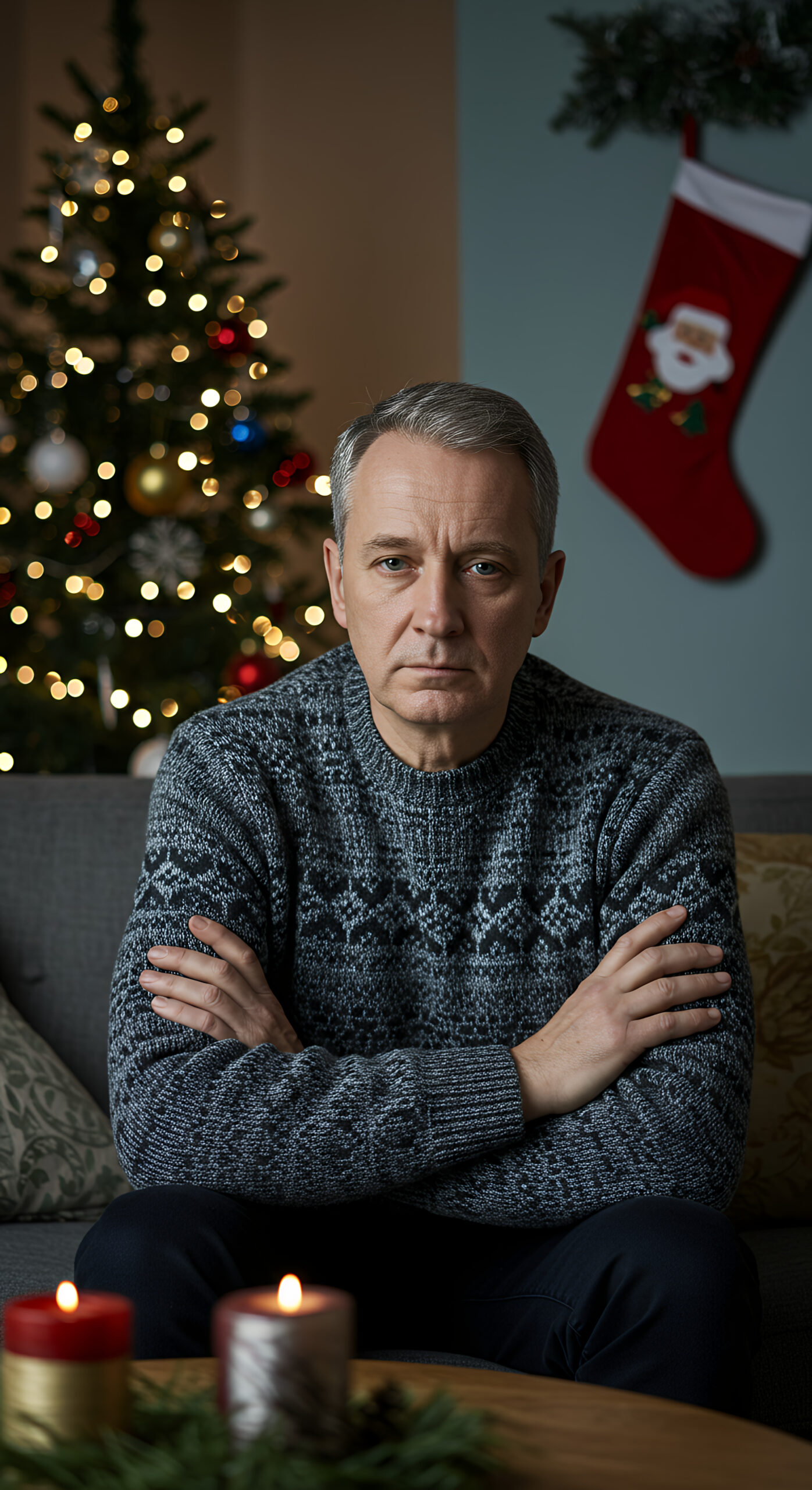 Lonely Christmas: Sad Man By Tree & Stocking. Holidays, Depression ...
