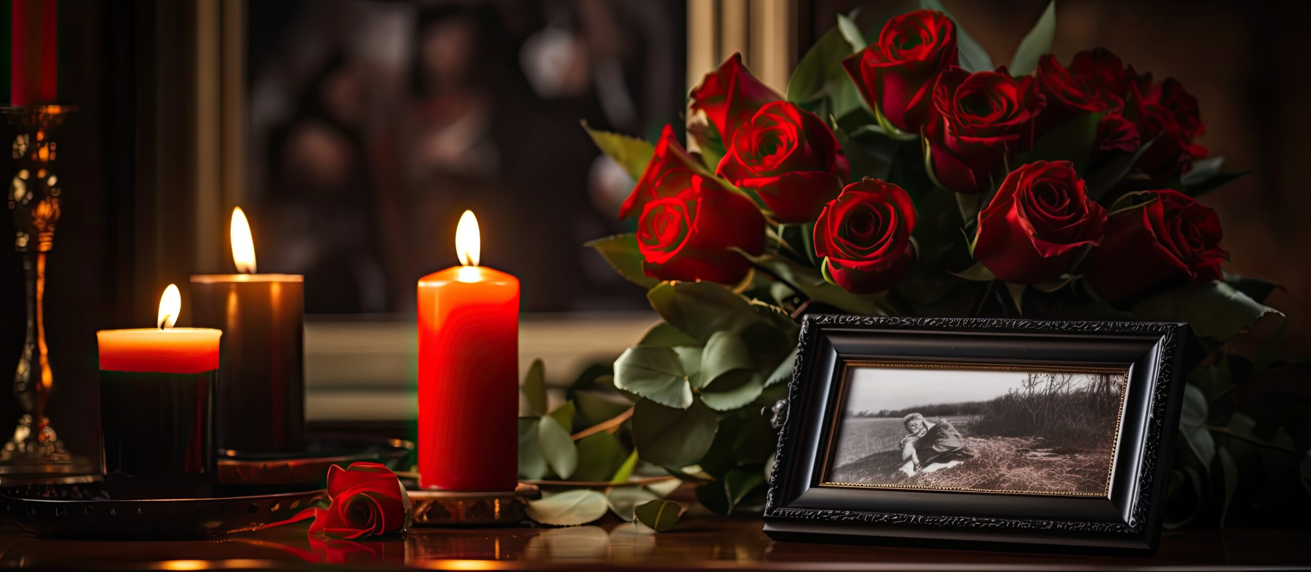 A Funeral Home Table Is Adorned With A Black Photo Frame Containing ...